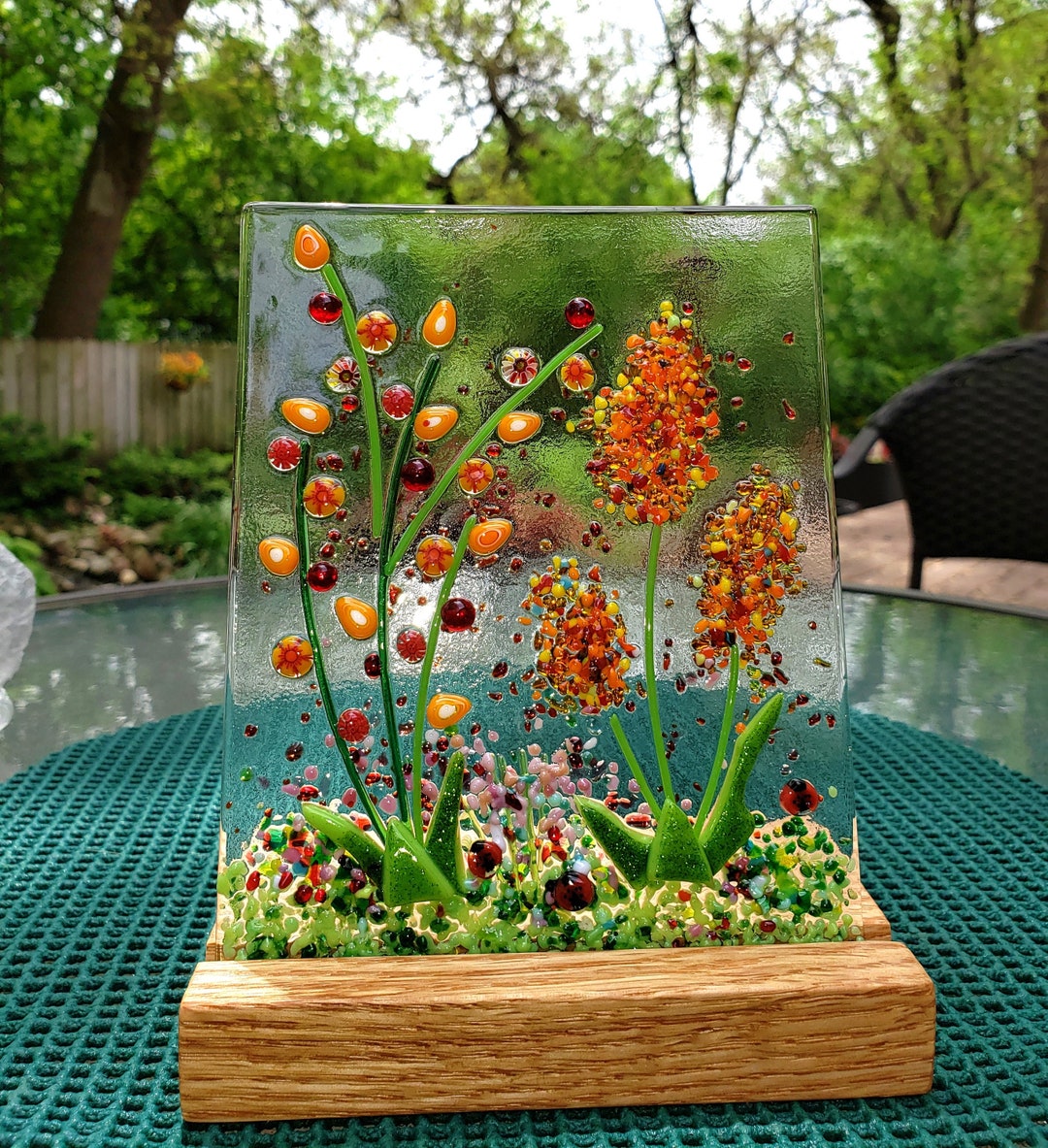 Fused Glass Orange Cottage Garden With Wooden Stand, Fused Glass Nature ...