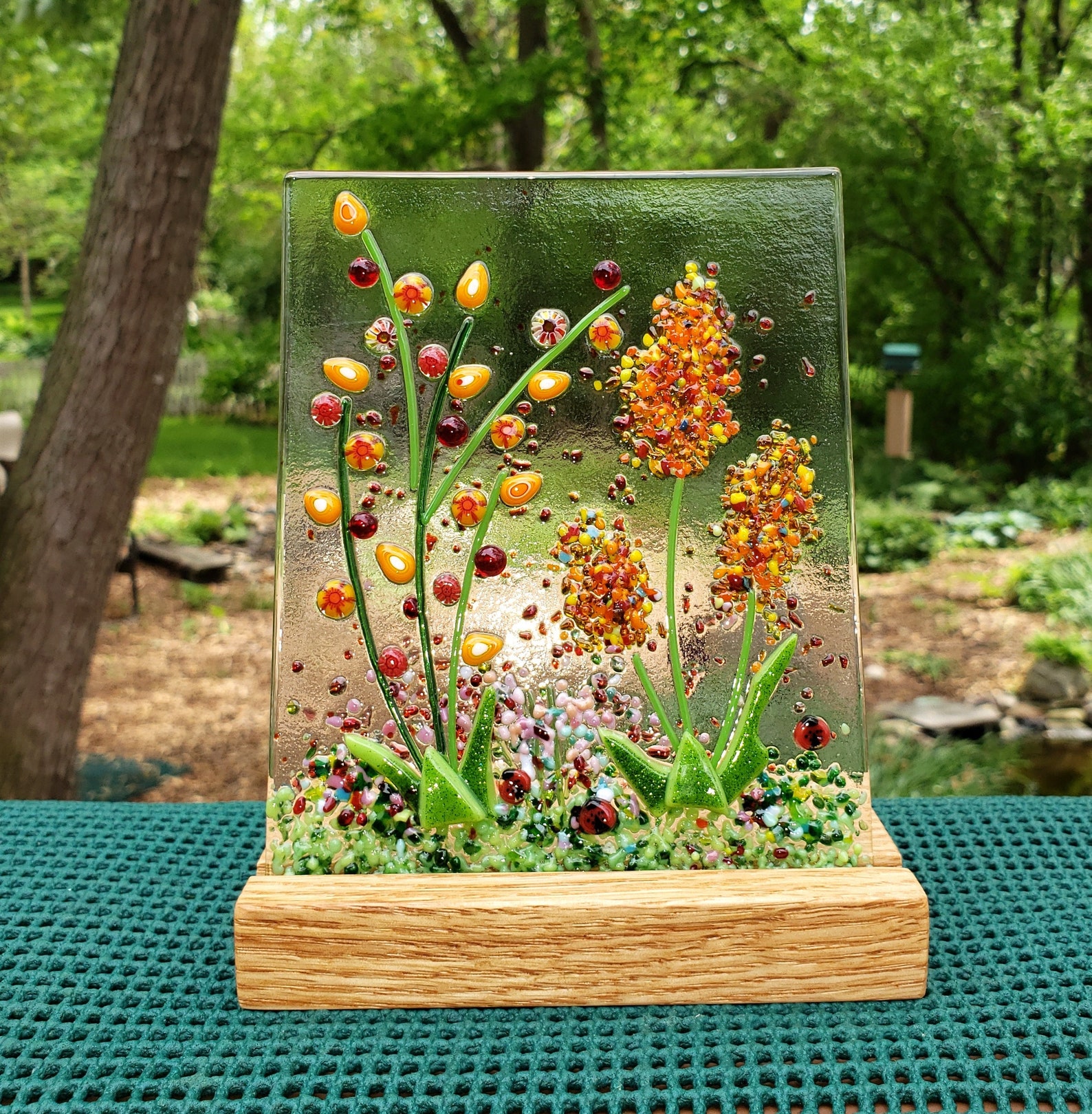 Fused Glass Orange Cottage Garden With Wooden Stand, Fused Glass Nature ...