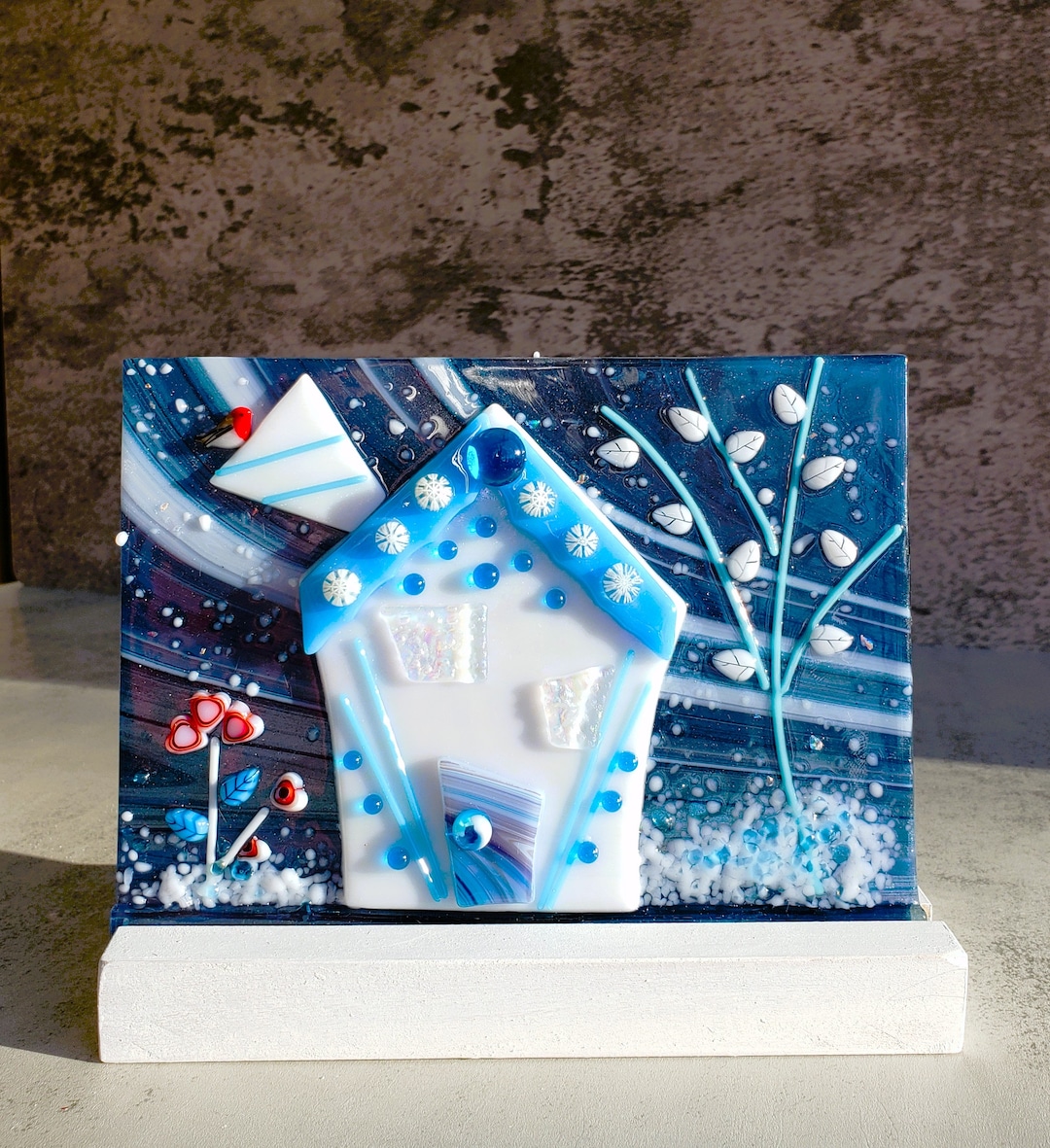 Fused Glass Blue and White Frozen House Panel With Stand, Table Top ...