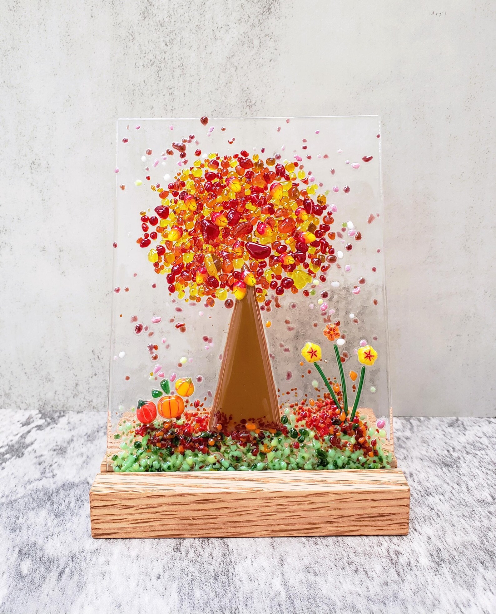 Fused Glass Autumn Tree Nature Panel With Wooden Stand, Autumn Home ...