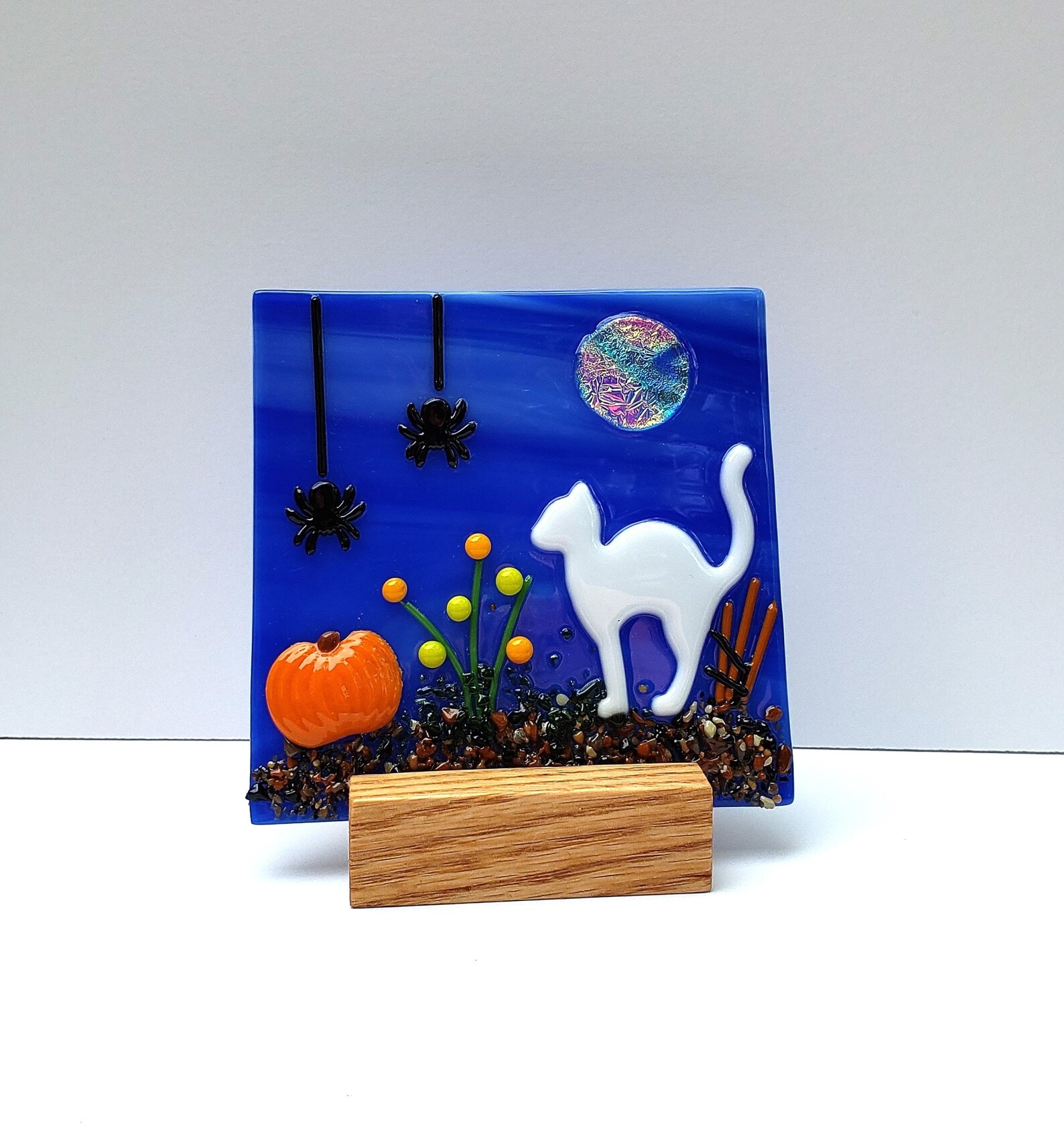 White Cat and Spiders Fused Glass Panel, Fused Glass Halloween Scene ...