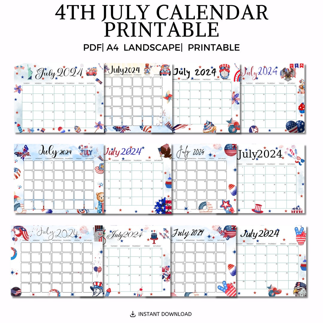 4th July Calendar Bundle, Printable Monthly Calendar, 4th July ...