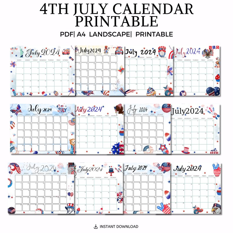4th July Calendar Bundle, Printable Monthly Calendar, 4th July ...