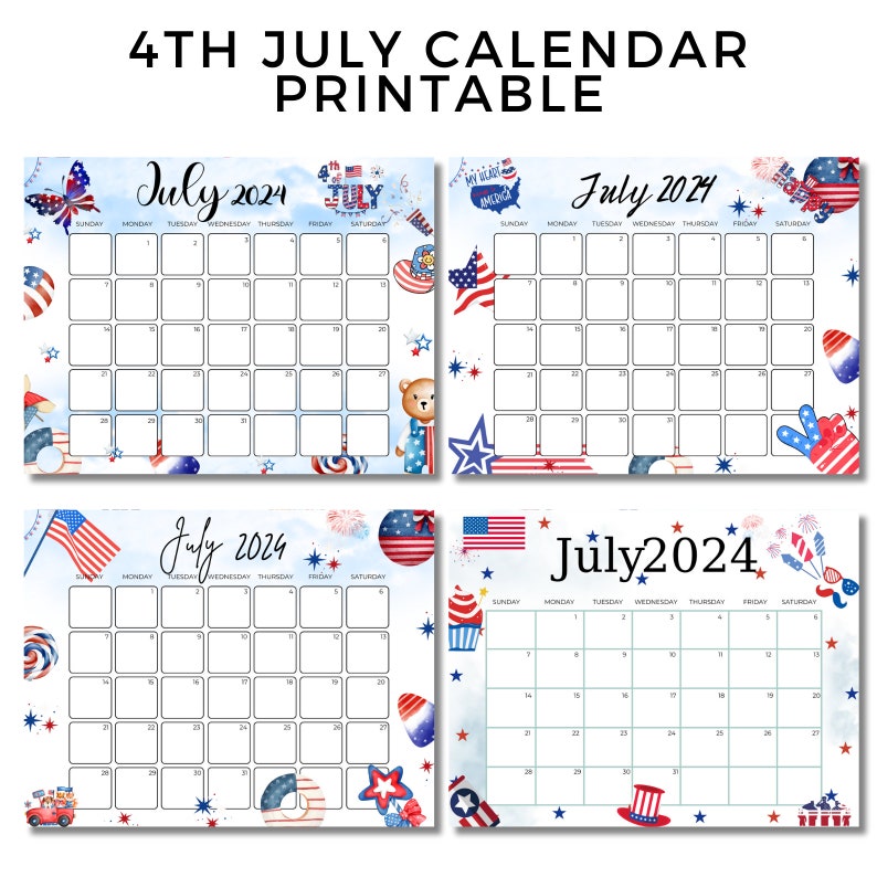 4th July Calendar Bundle, Printable Monthly Calendar, 4th July ...