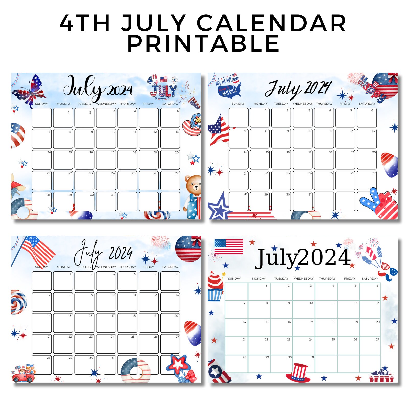 4th July Calendar Bundle, Printable Monthly Calendar, 4th July ...