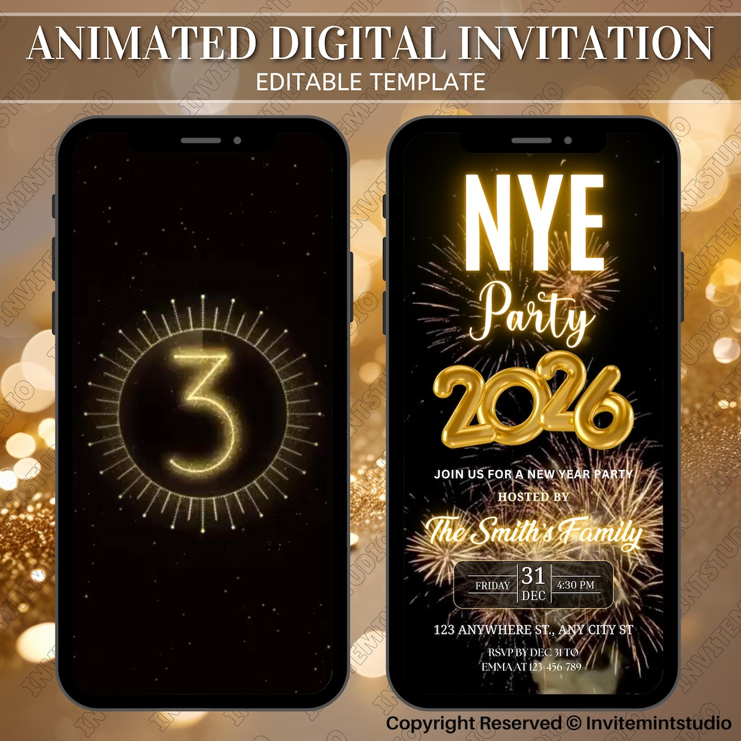 Animated New Year’s Eve Party Invitation, Digital Gold Sparkles Women’s ...