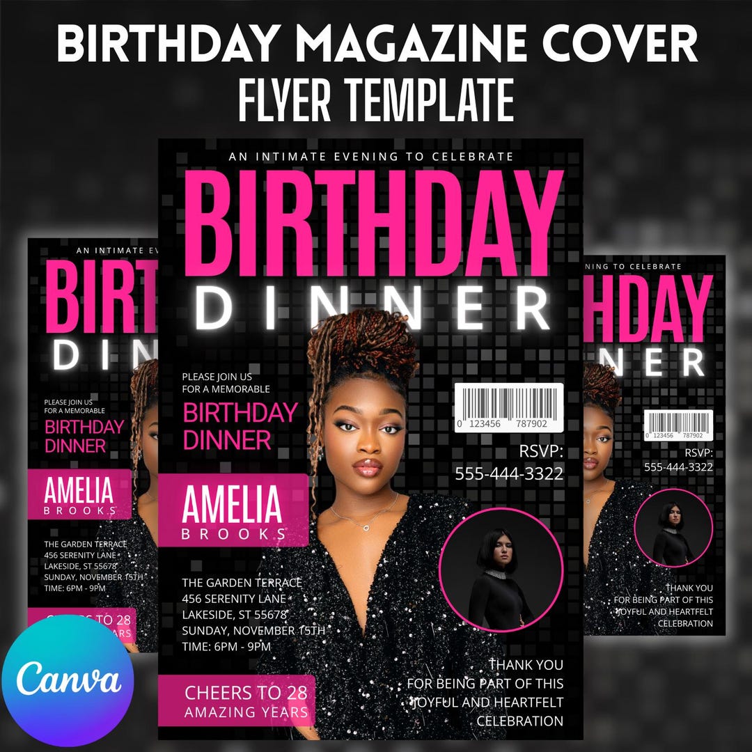 Birthday Dinner Magazine Cover Template, Canva Editable Magazine ...