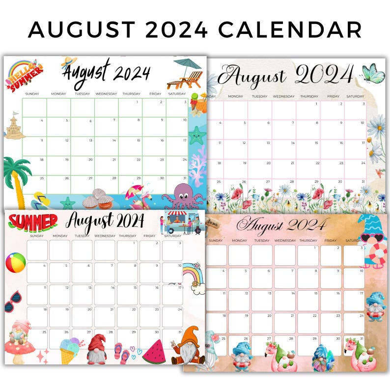 August 2024 Calendar, Printable Calendar, Relaxing Summer, Back to ...