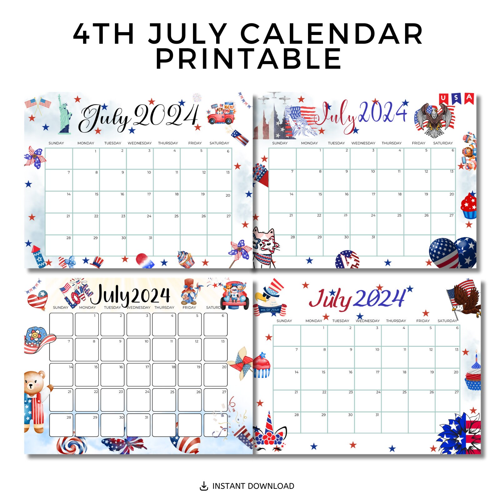 4th July Calendar Bundle, Printable Monthly Calendar, 4th July ...