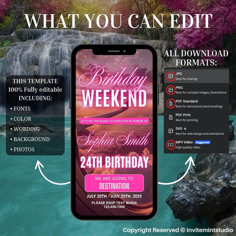 Digital Travel Itinerary Template, Birthday Weekend Invitation, Girls ...
