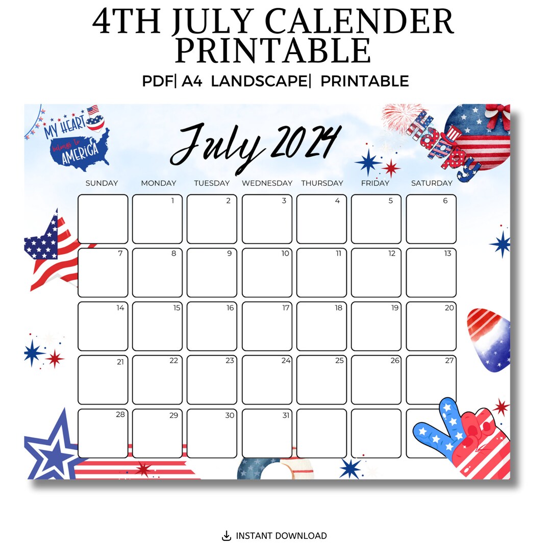 4th July Printable Monthly Calendar, 4th July Calendar, 4th July ...