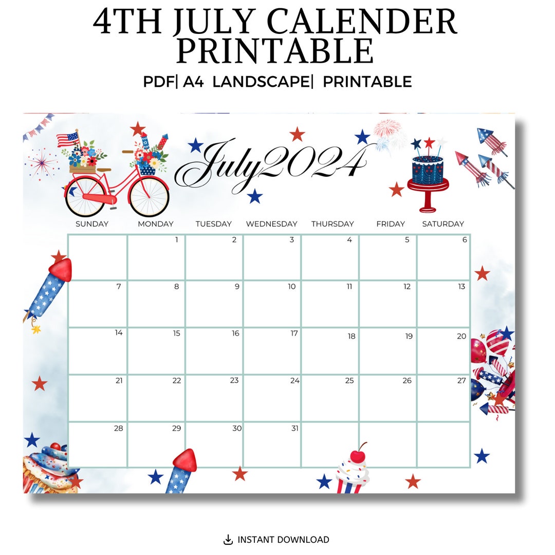 4th July Printable Monthly Calendar, 4th July Calendar, 4th July ...