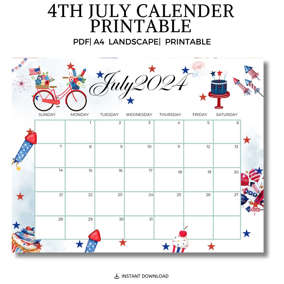 4th July Printable Monthly Calendar, 4th July Calendar, 4th July ...