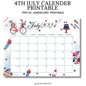 4th July Printable Monthly Calendar, 4th July Calendar, 4th July ...