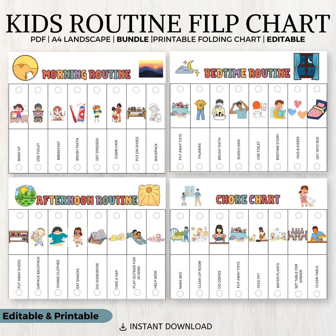 Editable Kids Routine Charts Bundle, Morning Chart, Bedtime Routine ...