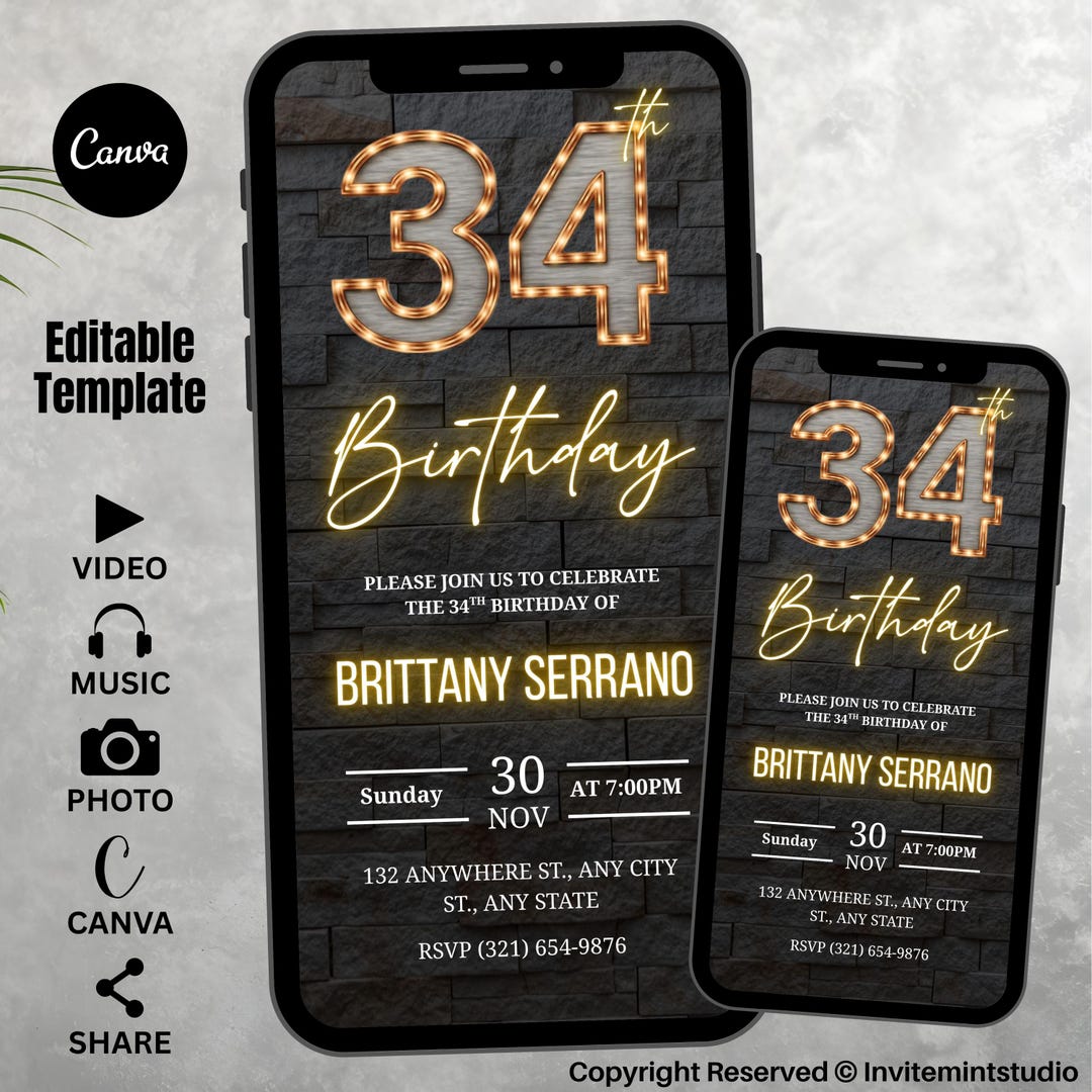 34th Birthday Invitation for Men, Minimalist 34th Birthday, Thirty Four ...
