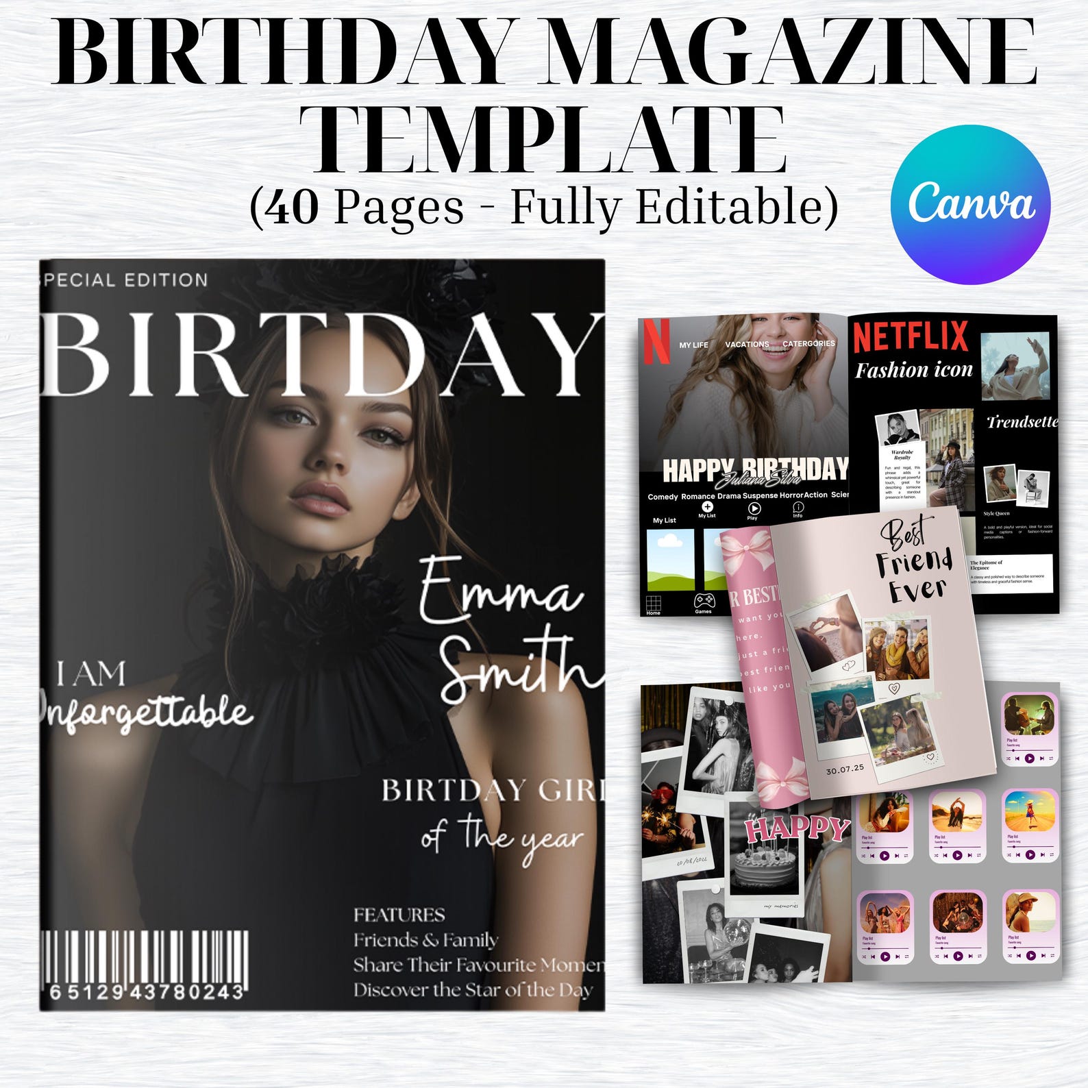 Birthday Magazine Printable Template, Canva Editable Template, Photo ...