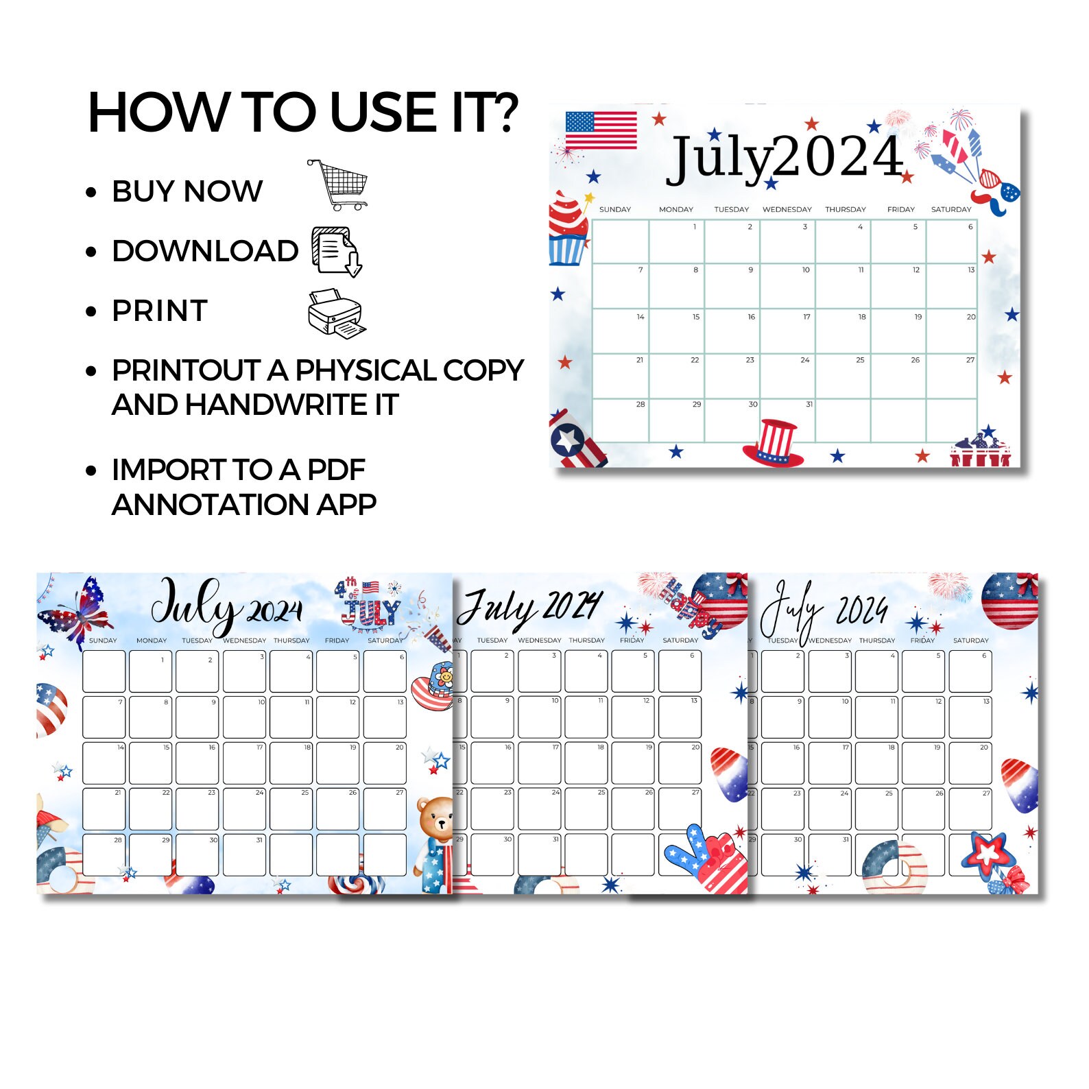 4th July Calendar Bundle, Printable Monthly Calendar, 4th July ...