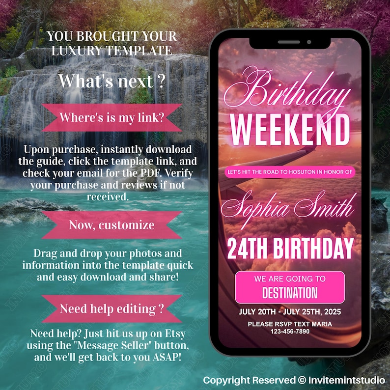 Digital Travel Itinerary Template, Birthday Weekend Invitation, Girls ...