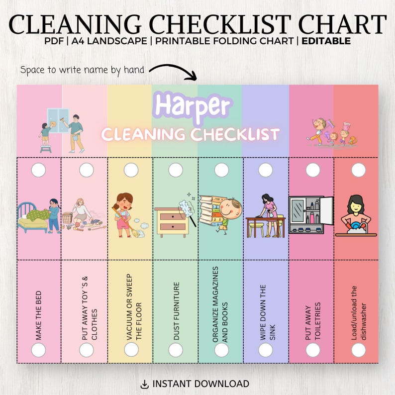 Editable Cleaning Checklist Chart, Kids Routine Chart, Printable ...