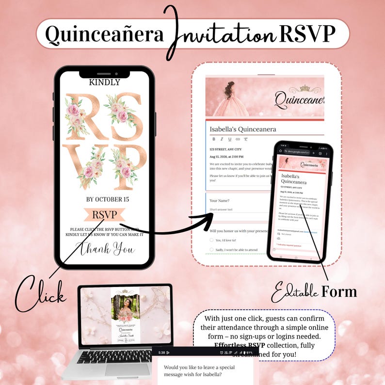 Quinceanera Digital Invitation RSVP | Editable Canva Template With RSVP ...