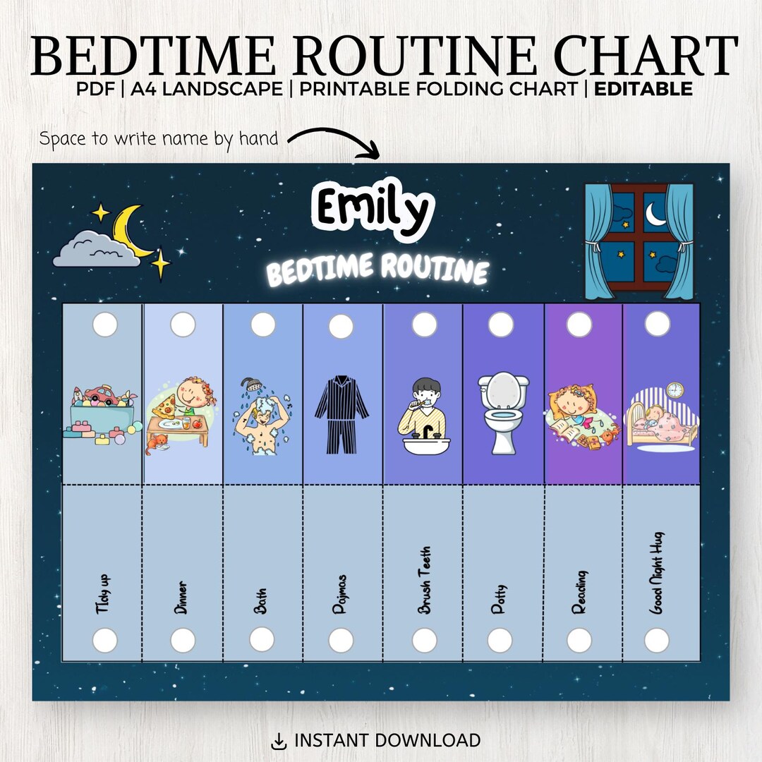 Editable Kids Bedtime Routine Chart, Bedtime Chart, Printable Folding ...