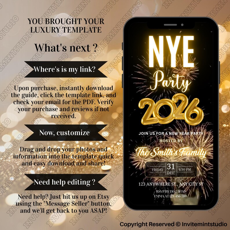 Animated New Year’s Eve Party Invitation, Digital Gold Sparkles Women’s ...