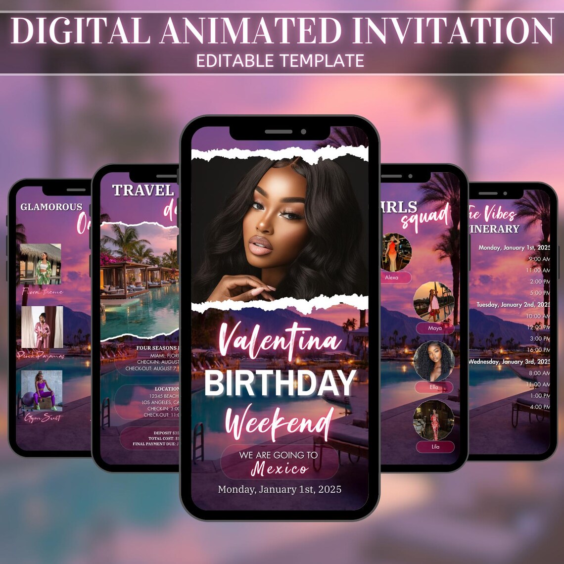 Digital Girls Trip Animated Weekend Itinerary Invitation, Birthday ...