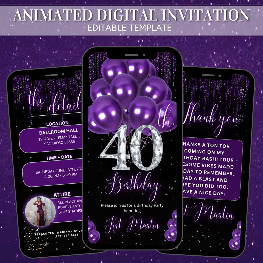 Digital 40th Birthday Party Invitation, Canva Template, Purple Theme ...
