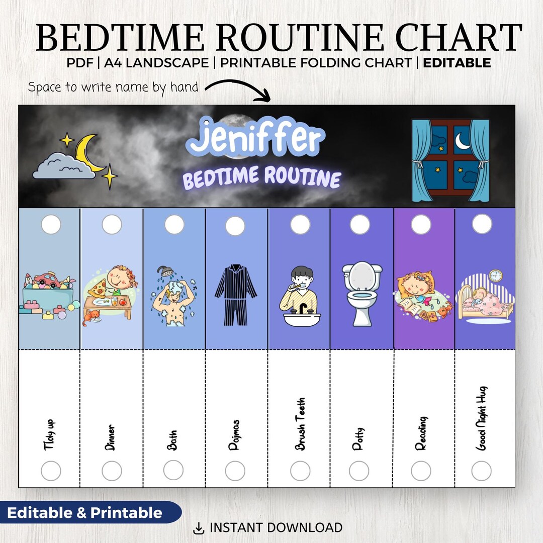 Editable Bedtime Routine Chart, Kids Bedtime Chart, Printable Folding ...