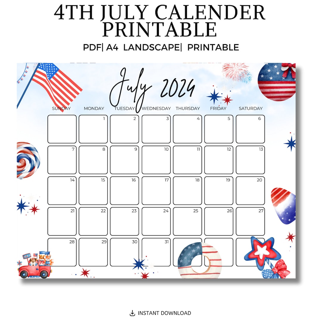 4th July Printable Monthly Calendar, 4th July Calendar, 4th July ...