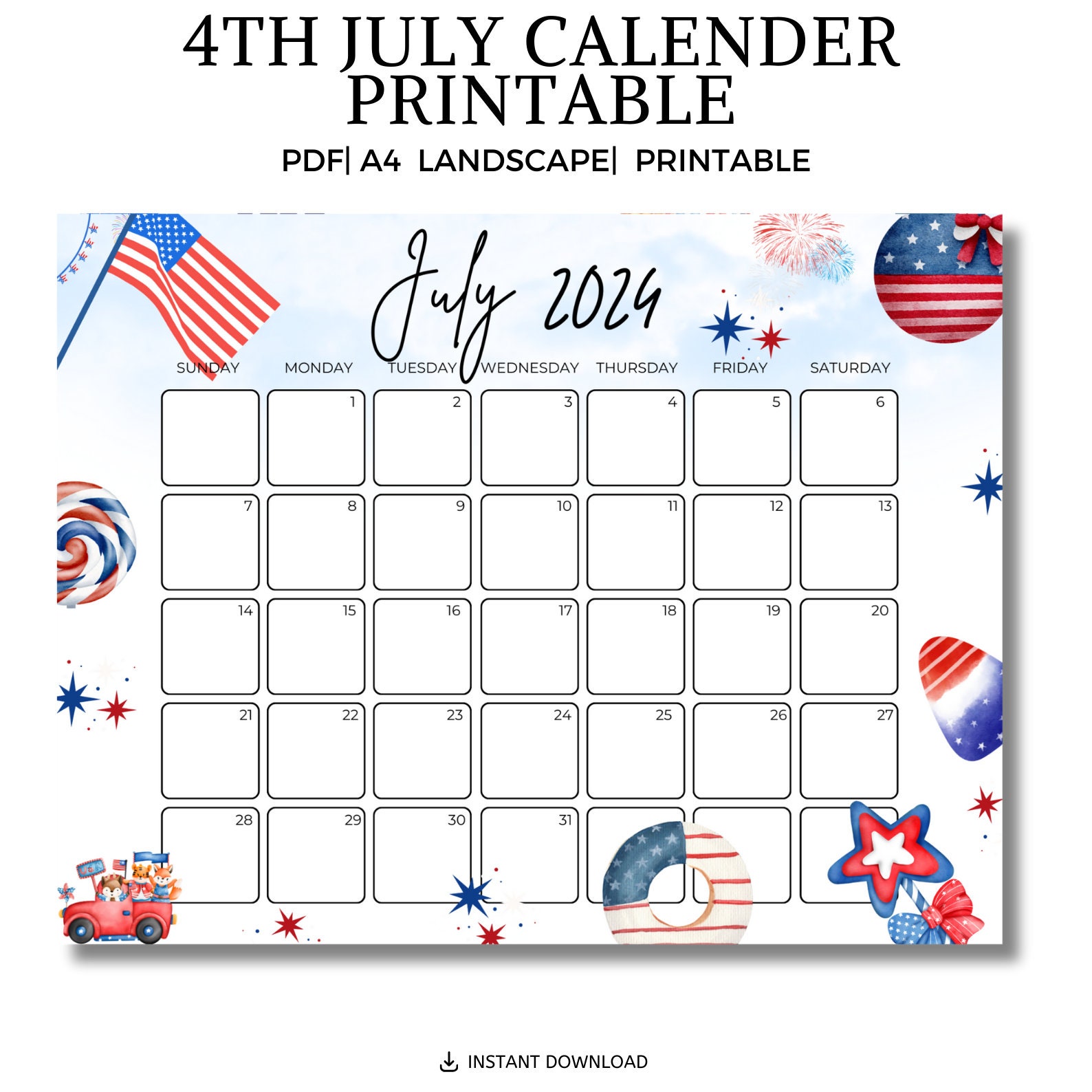 4th July Printable Monthly Calendar, 4th July Calendar, 4th July ...