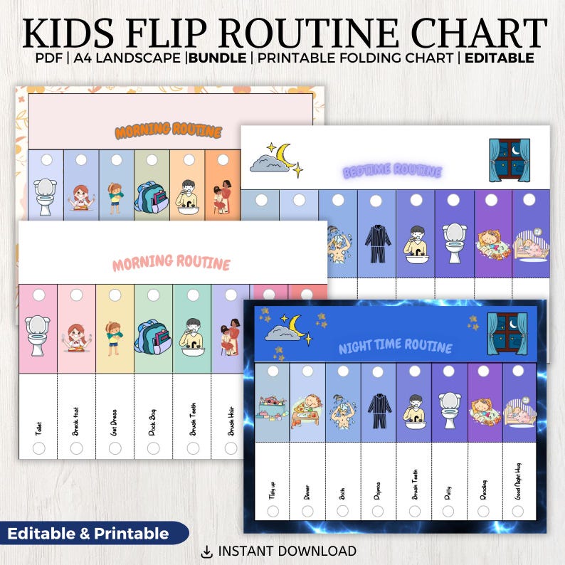 Editable Kids Flip Routine Charts Bundle, Morning Chart, Bedtime ...