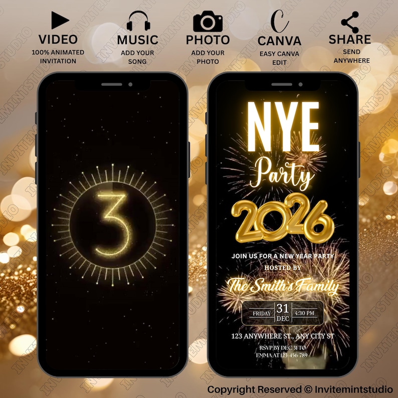 Animated New Year’s Eve Party Invitation, Digital Gold Sparkles Women’s ...