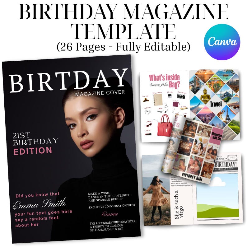 Printable Birthday Magazine Template, Canva Editable Template, Photo ...