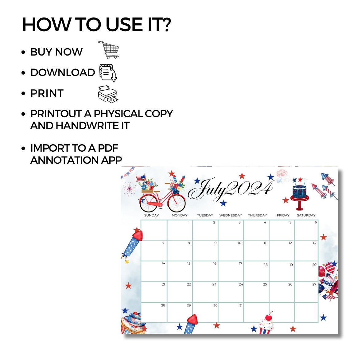 4th July Printable Monthly Calendar, 4th July Calendar, 4th July ...