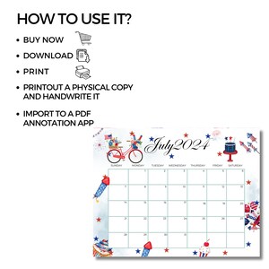4th July Printable Monthly Calendar, 4th July Calendar, 4th July ...