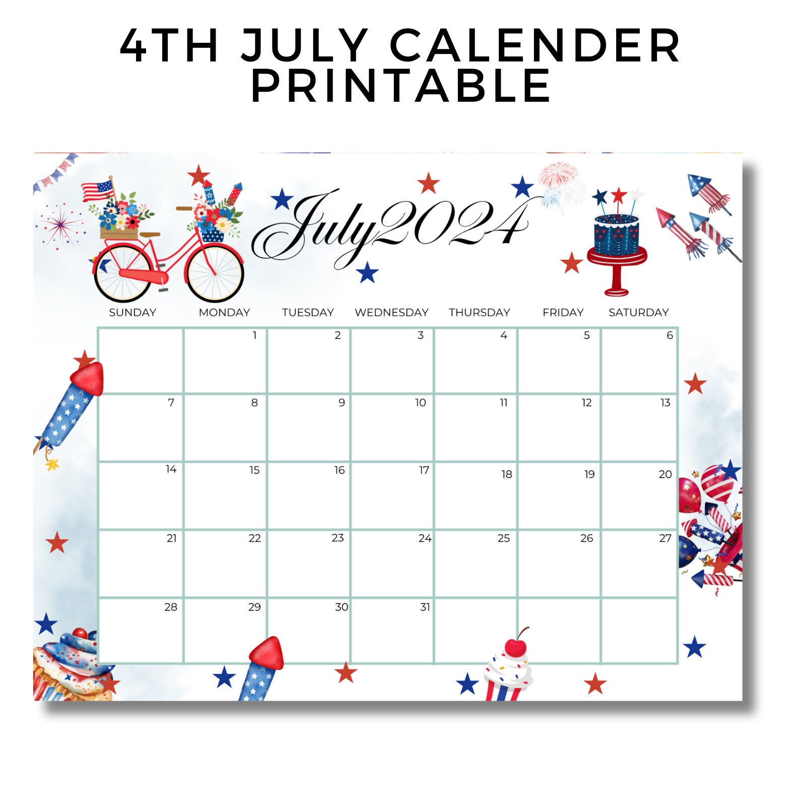 4th July Printable Monthly Calendar, 4th July Calendar, 4th July ...