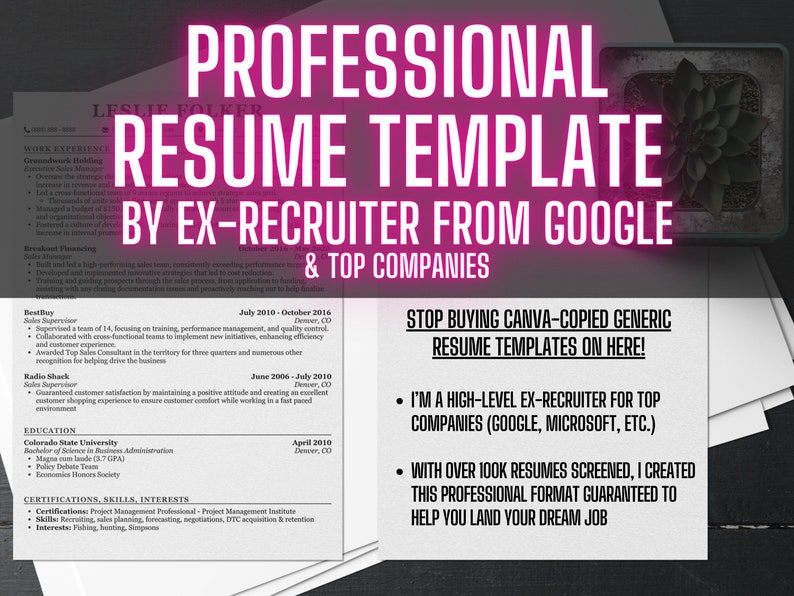Professional Resume Template by Ex Recruiter ATS Friendly Editable in ...