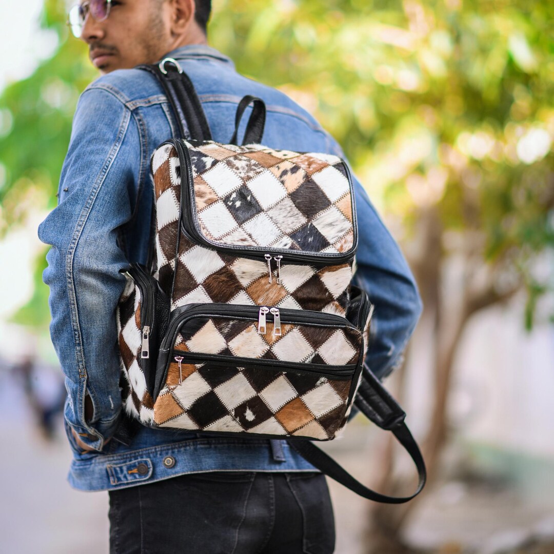 Handmade Black Cowhide Patch Backpack Animal Print Unique Travel ...