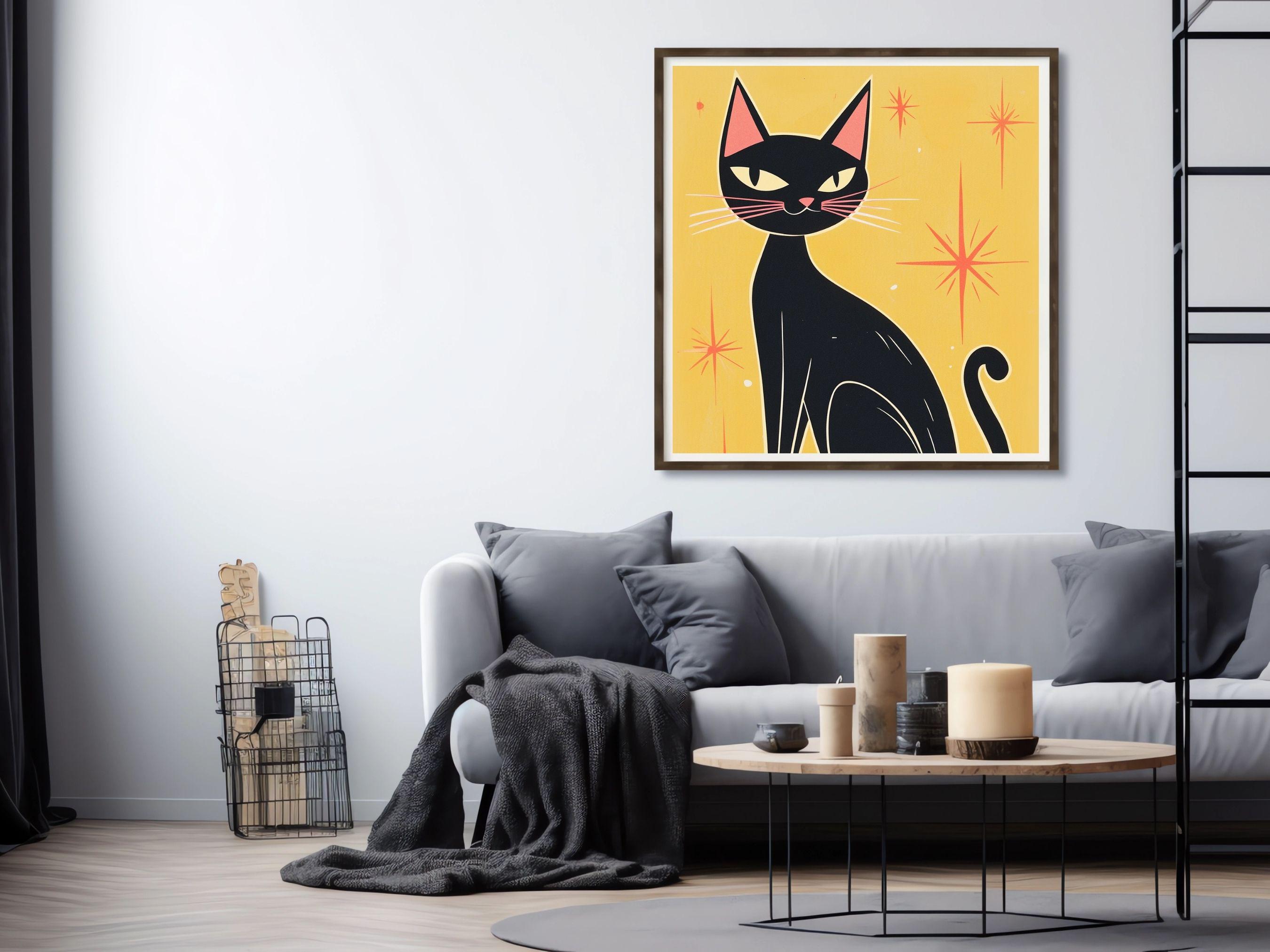 Mid Century Modern Cat Wall Art, Printable Retro Black Cat Art Print ...