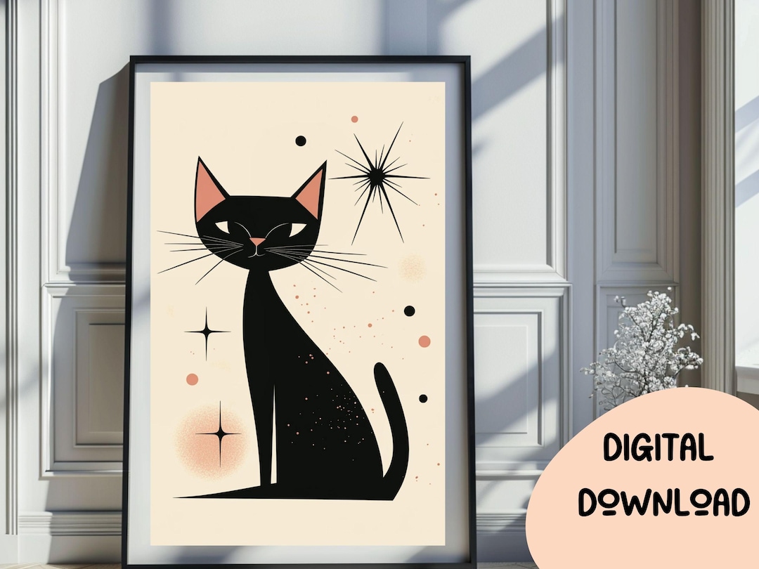 Mid Century Modern Cat Wall Art, Printable Retro Black Cat Art Print ...