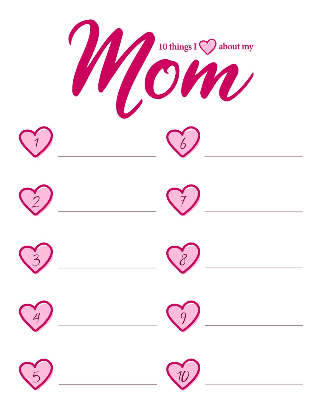 Printable Mothers Day Gift - 10 Things I Love About My Mom - INSTANT ...
