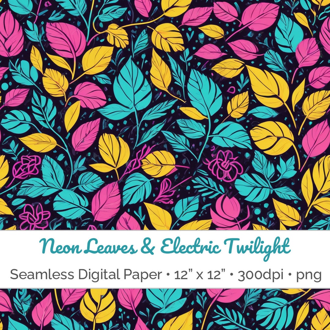 Neon Leaves & Electric Twilight Seamless Digital Paper Pattern Repeated ...