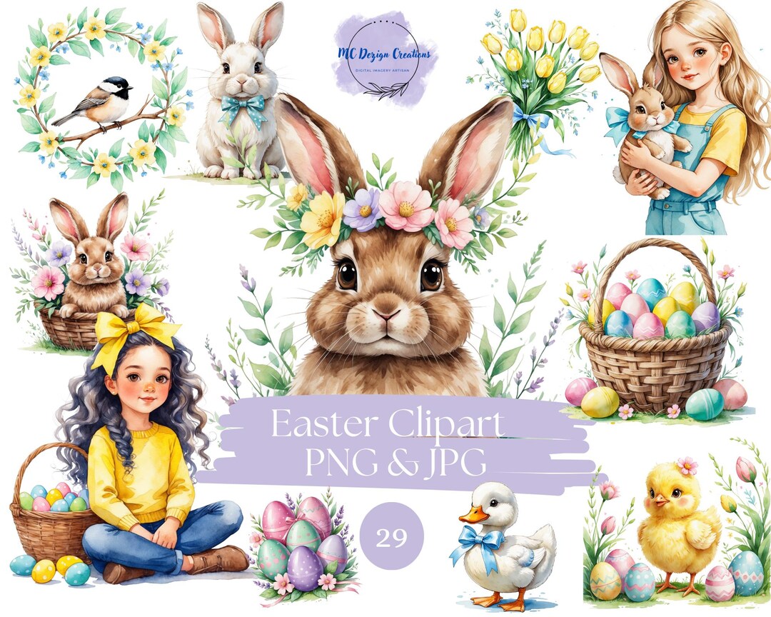 Watercolor Easter Clipart Bundle: Bunny, Basket, Spring Nursery Art - Etsy