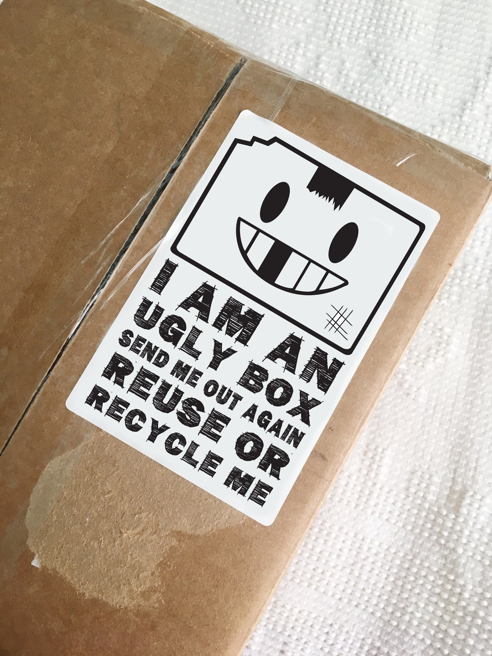 Packaging Label Ugly Box Design. Reused Box Sticker. Recycled Shipping ...