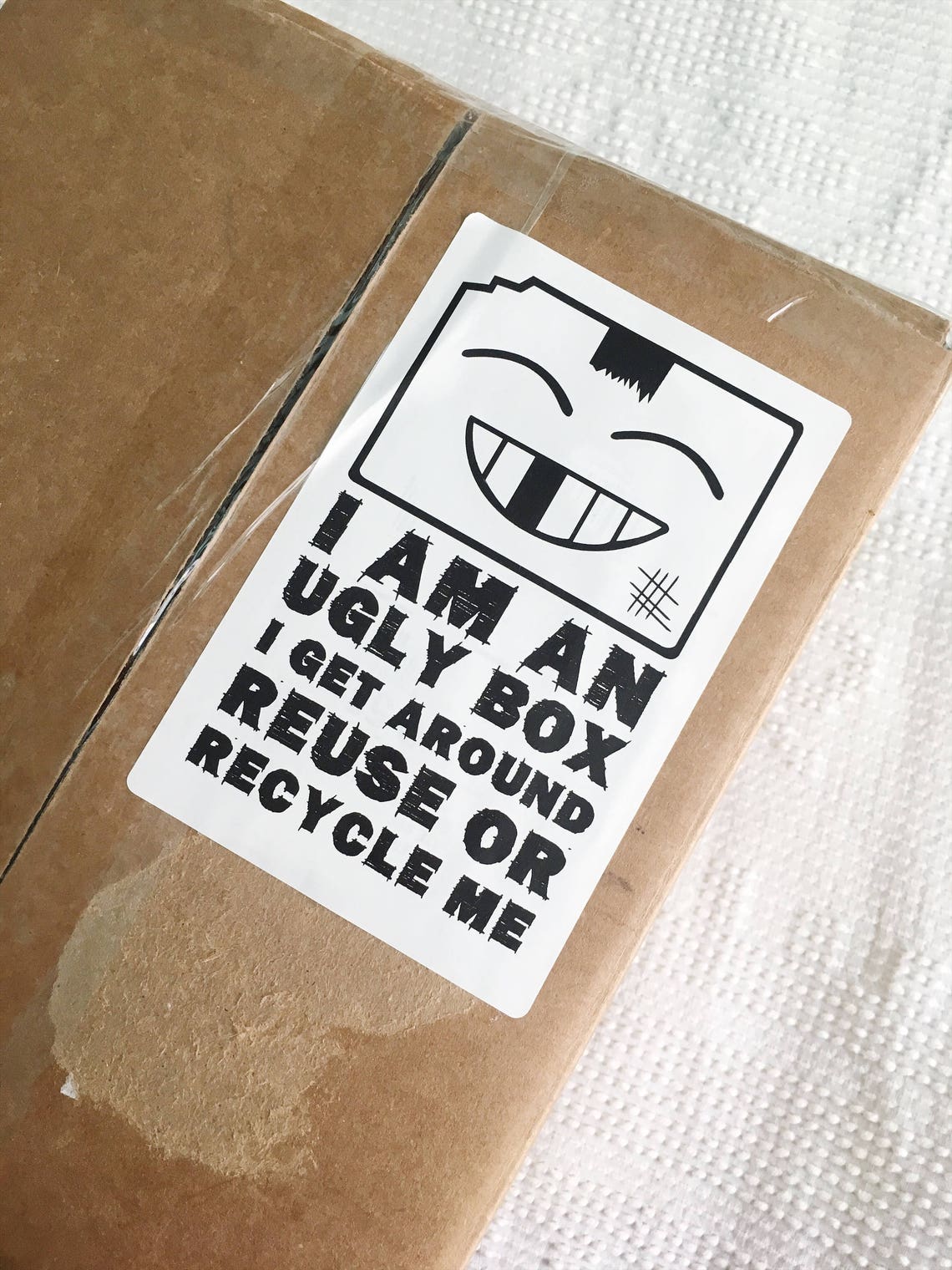 Packaging Label Ugly Box Design. Reused Box Sticker. Recycled Shipping ...