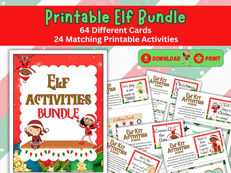 Christmas Elf Activities Bundle – 64 Cards + 24 Printable Matching ...