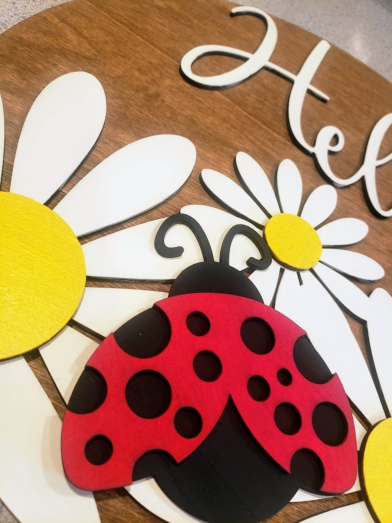 Welcome Sign Ladybugs & Flowers Hello Door Hanger Floral Wall Decor ...