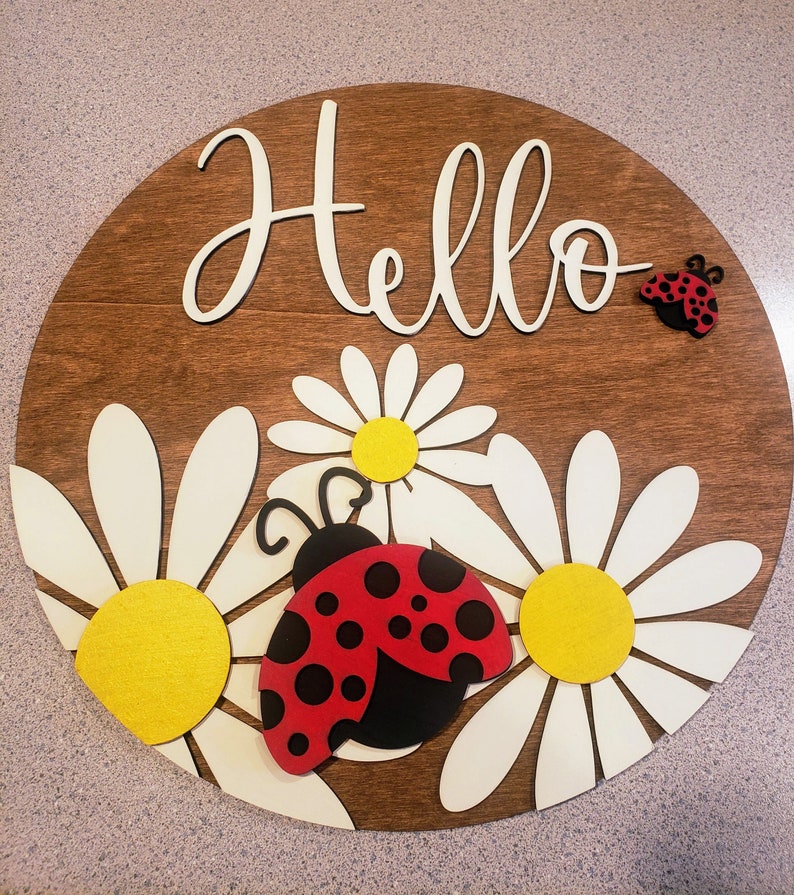 Welcome Sign Ladybugs & Flowers Hello Door Hanger Floral Wall Decor ...
